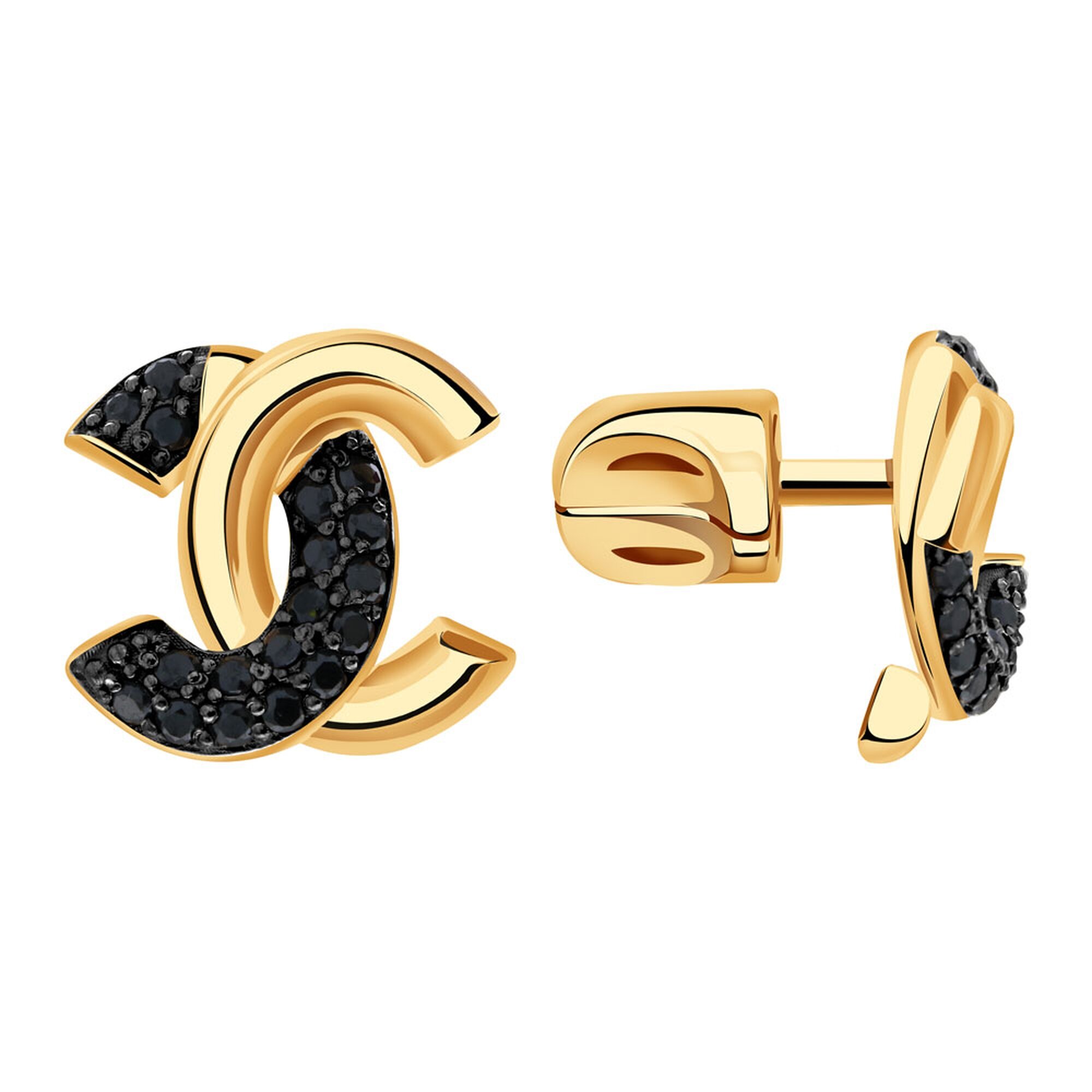 Серьги пусеты, красное золото, 585 проба, родирование, фианит