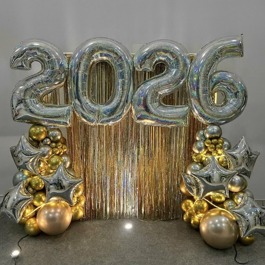 Фотозона из воздушных шаров с дождиком «Звездный блеск»