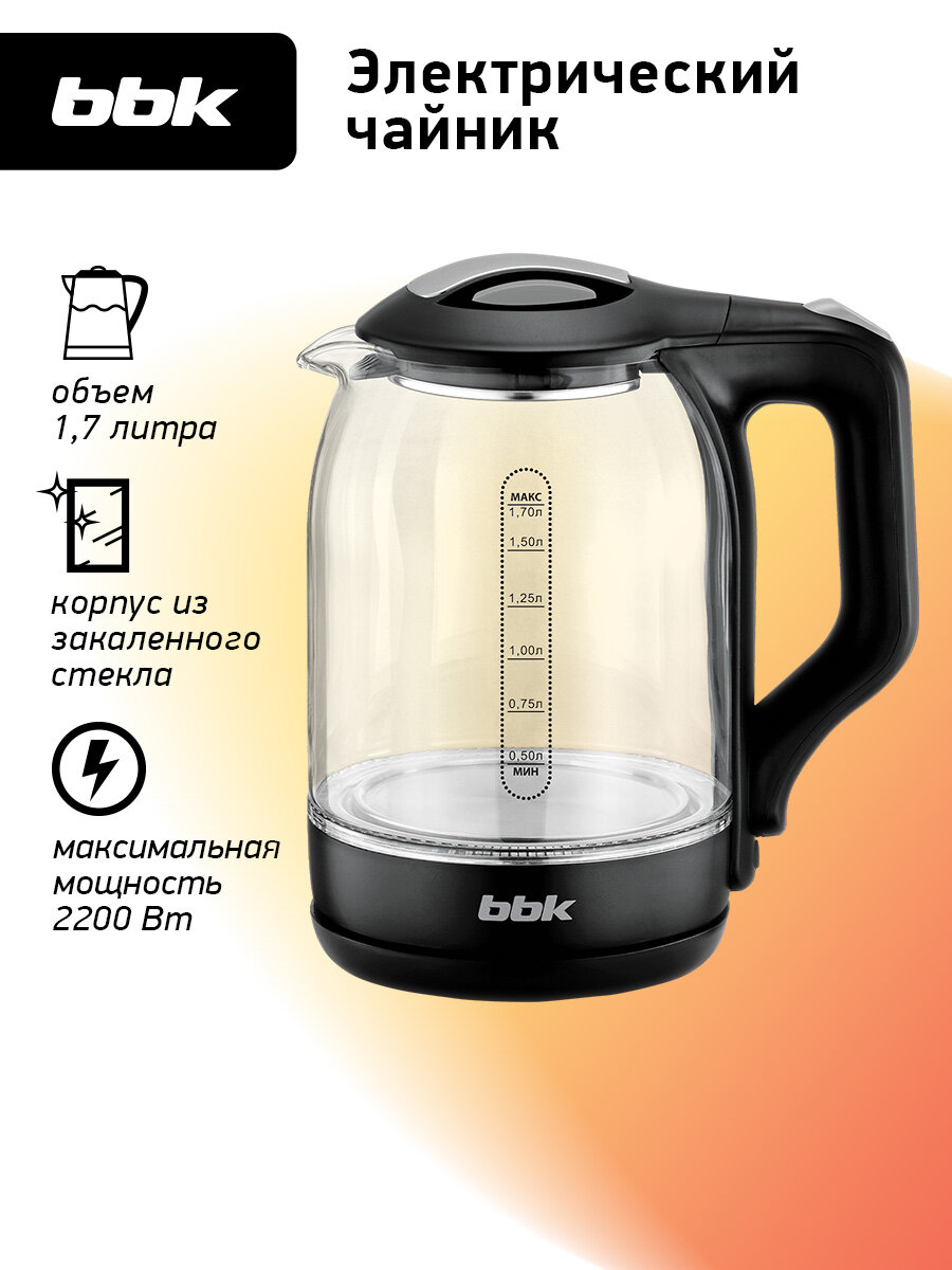 Чайник электрический BBK EK1724G черный, объем 1.7 л, мощность 1850-2200 Вт