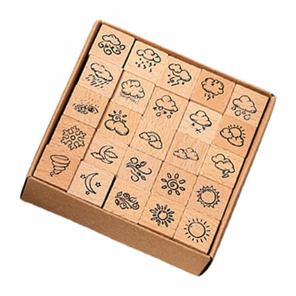 1 коробка простых штрихов, погодные смайлики, аккаунт в виде руки-бабочки, набор деревянных печатей-weather watch