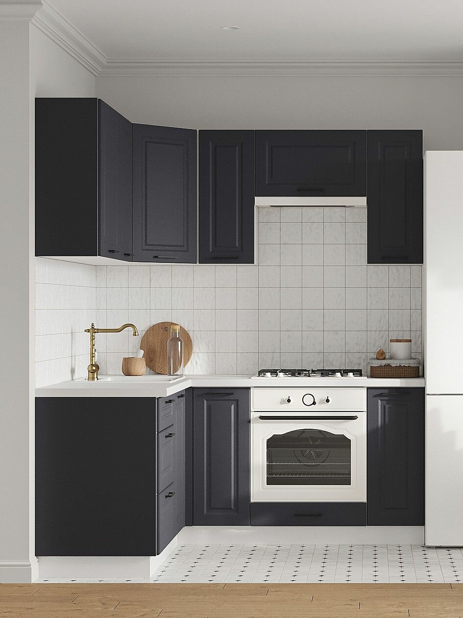 Кухонный гарнитур угловой Шервуд 1.8х1.5 м, мебель для дома и кухни, Белый / Шато индиго