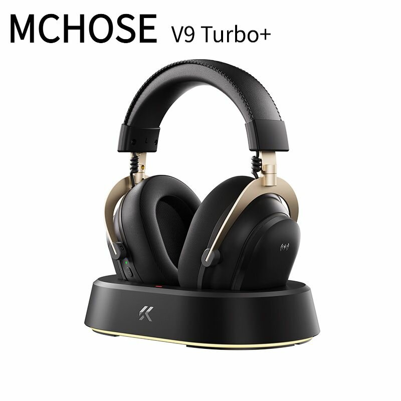 MCHOSE V9 Turbo+ Беспроводные игровые наушники (Bluetooth/2.4G/USB-C), 2000mAh Емкость аккумулятора, С микрофоном, RGB-подсветка-черный-золотой-Наушники