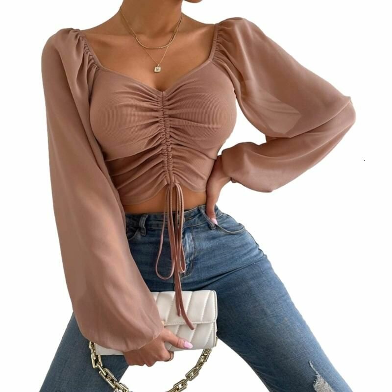Женская прозрачная блузка из чиффона с длинными рукавами, Коричневый - XXL
