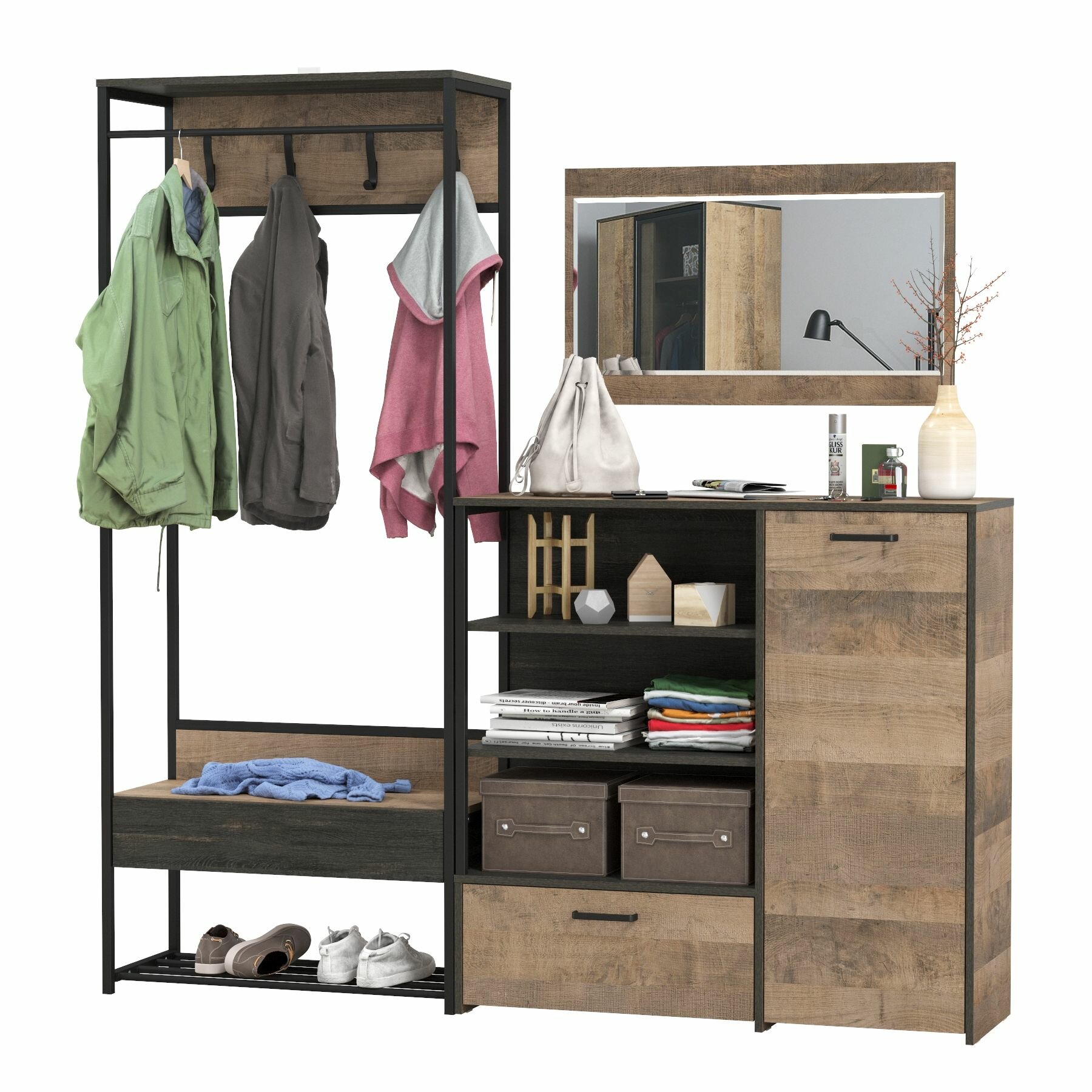 Трувор прихожая с зеркалом и комодом-тумбой с дверкой, цвет дуб гранж песочный/интра, ШхГхВ 189х36,9х194,2 см.