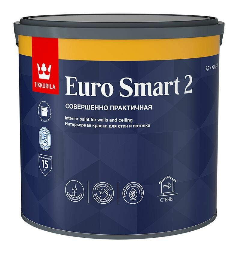 Краска интерьерная EURO SMART 2 база A глубокоматовая 2.7л Tikkurila 025800
