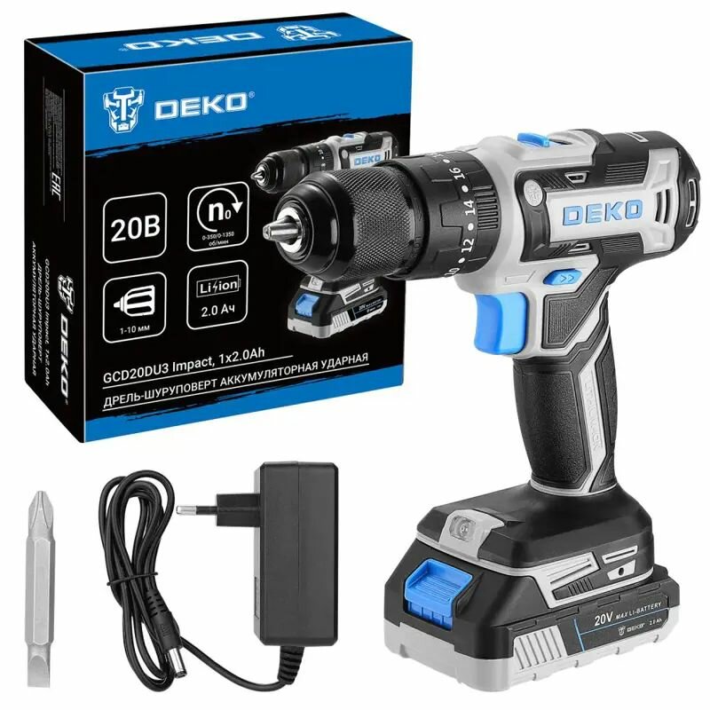 Дрель-шуруповерт аккумуляторная Deko GCD20DU3 Impact 063-4436, 20 В Li-Ion 1x2 Ач