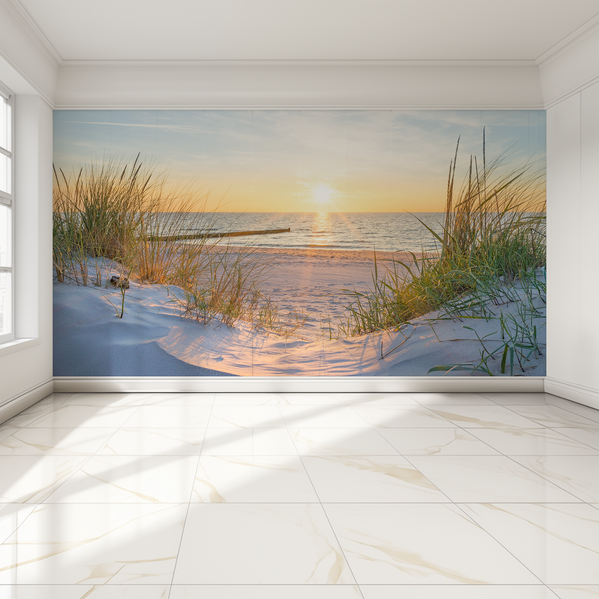 Фотообои 3д на стену "Закатный пляж", флизелиновые 500х270 см на кухню, спальню, зал