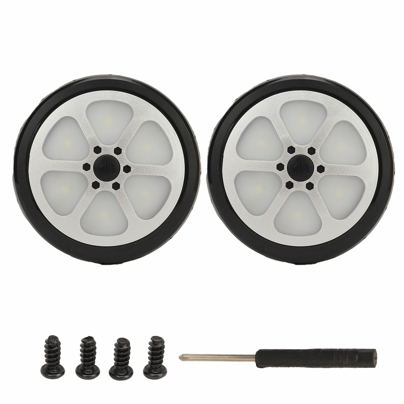 Два светодиодных фонарика на колеса детской коляски, три режима освещения, питание от батареек типа АА, подходит для использования на открытом воздухе.