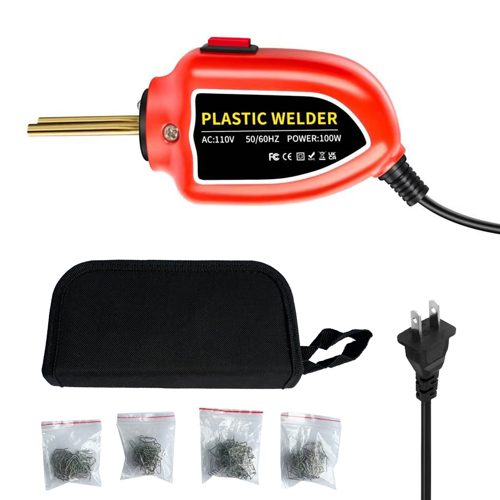 Набор для ремонта автомобильных бамперов: сварочный аппарат для пластика мощностью 100 Вт, термостеплер, плоскогубцы, нож, 200 плоских/наружных/внутренних/волнистых сварочных гвоздей для бамперов/байдарок/пластиковых изделий.