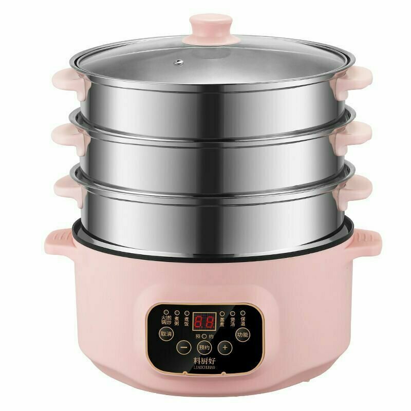 Мультиварка, пароварка электрическая, Сковорода с антипригарным покрытием, Время встречи,3 паровые корзины из нержавеющей стали, 8 л, розовый