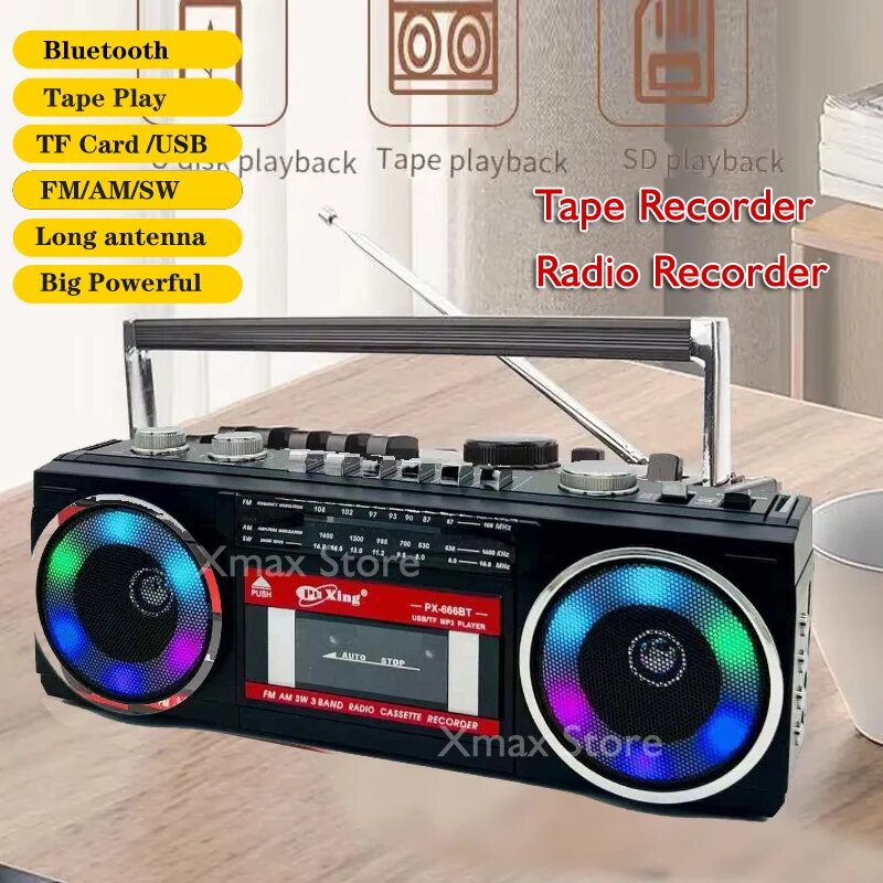 Ретро Портативный AM / FM / SW Многополосный Радио Стерео Беспроводной Bluetooth Mp3 Аудио Кассетный магнитофон Рекордер USB с подсветкой