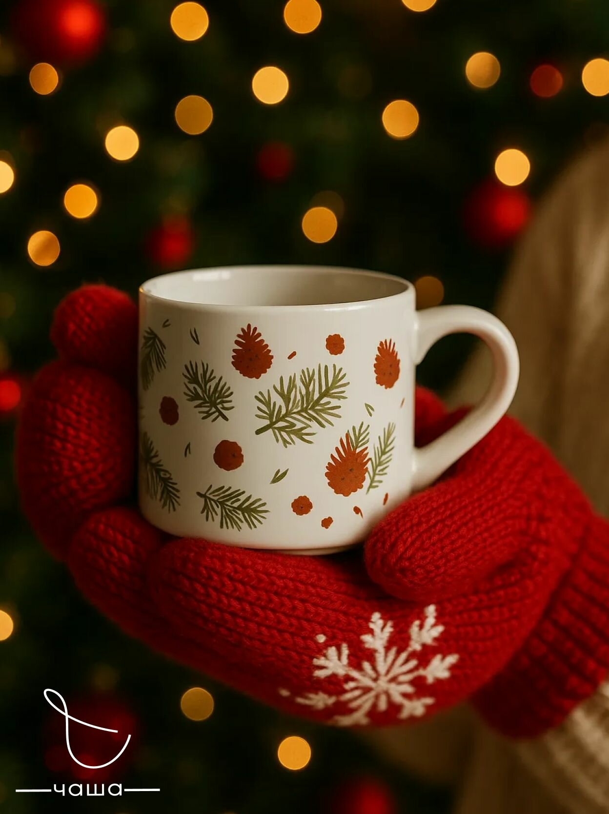 Кружка "Шишки" Chasha, керамика, 320мл, подарочная, новогодняя, белая с зелеными шишками