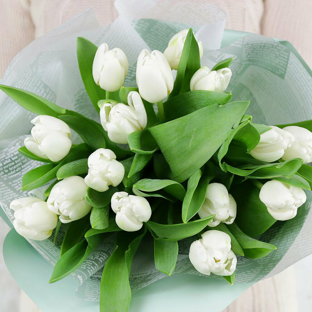 Монобукет Букет Маркет "Белые тюльпаны", 15 цветов, высота 35 см