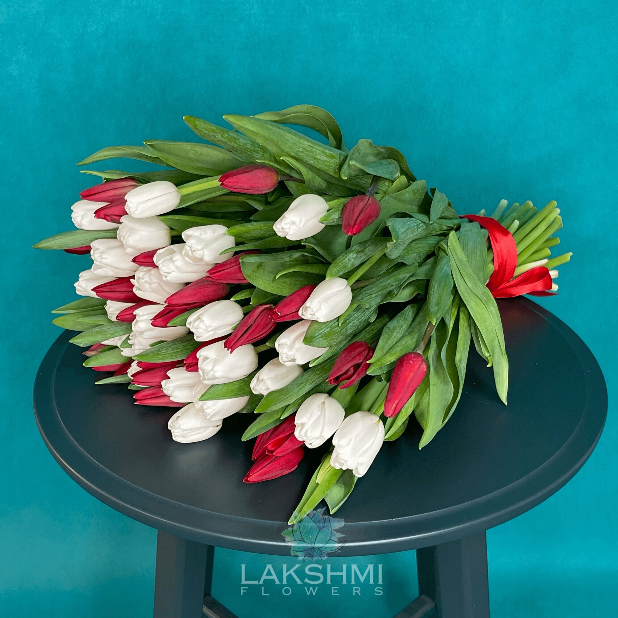 51 тюльпан микс / Букет из 51 красного и белого тюльпана под ленту