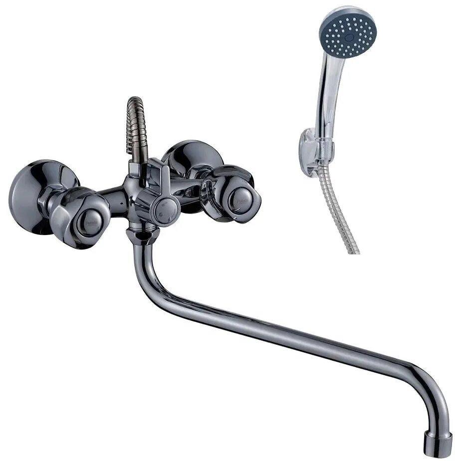 Смеситель с длинным изливом для ванны Potato 70 P2470 с душевым гарнитуром, поворотный, металлический, хром, глянцевый, смеситель для ванны с душем, вентильный, с настенным держателем