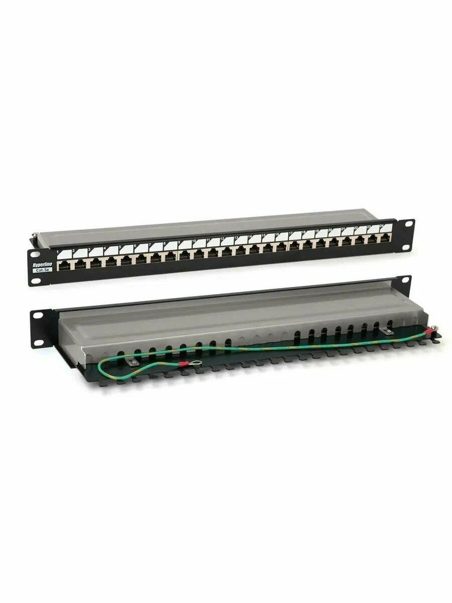 Патч-панель Hyperline 19-дюймовая, высота 1U, 24 порта RJ-45, полное экранирование, категория 5Е, разъемы Dual IDC