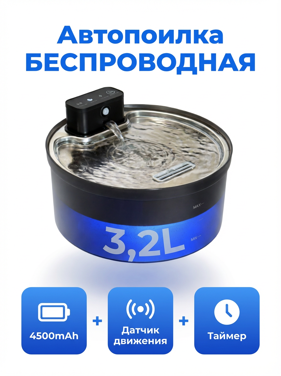 Автоматическая поилка фонтан Petzengo PW-1 для кошек и собак, 3,2 л, с датчиком движения, нержавеющая сталь