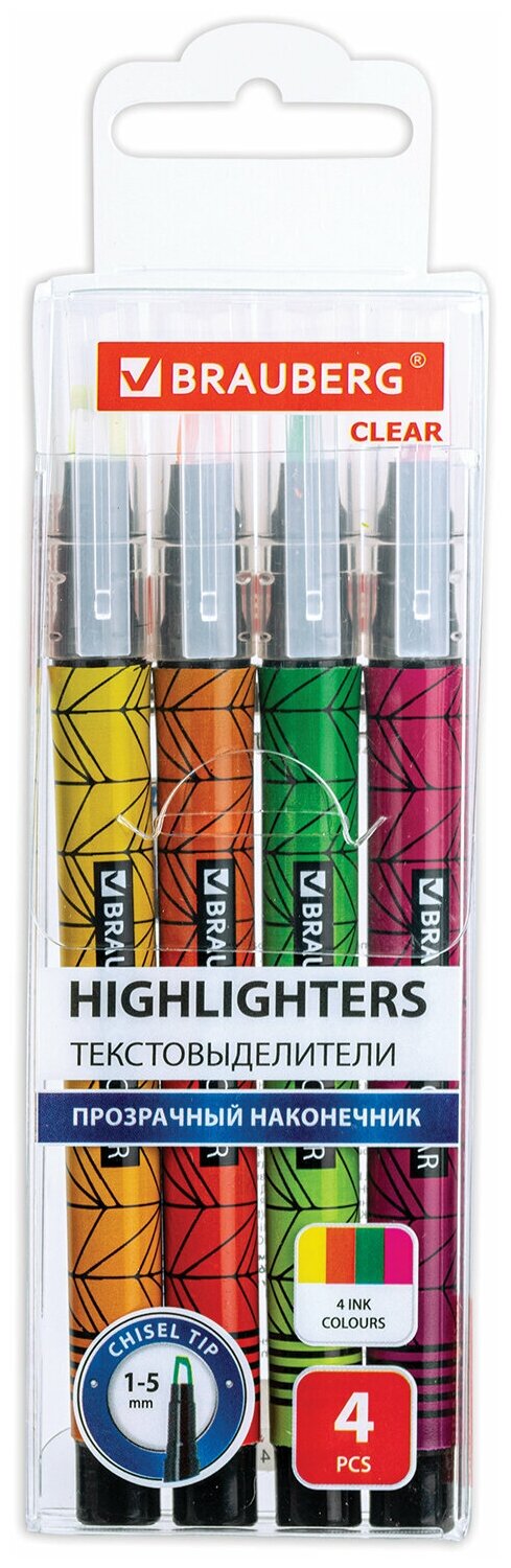 Набор текстовыделителей с прозрачным наконечником 4 цвета, BRAUBERG "Clear", линия 1-5 мм, 152426