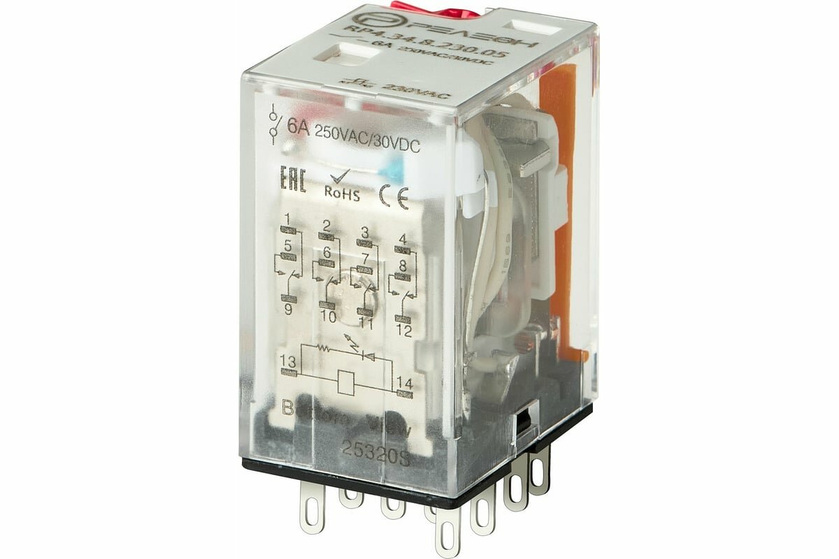 Релеон Промежуточное реле 4-перекидных контактов, 6А 230В, блокируемая кнопка и светодиод