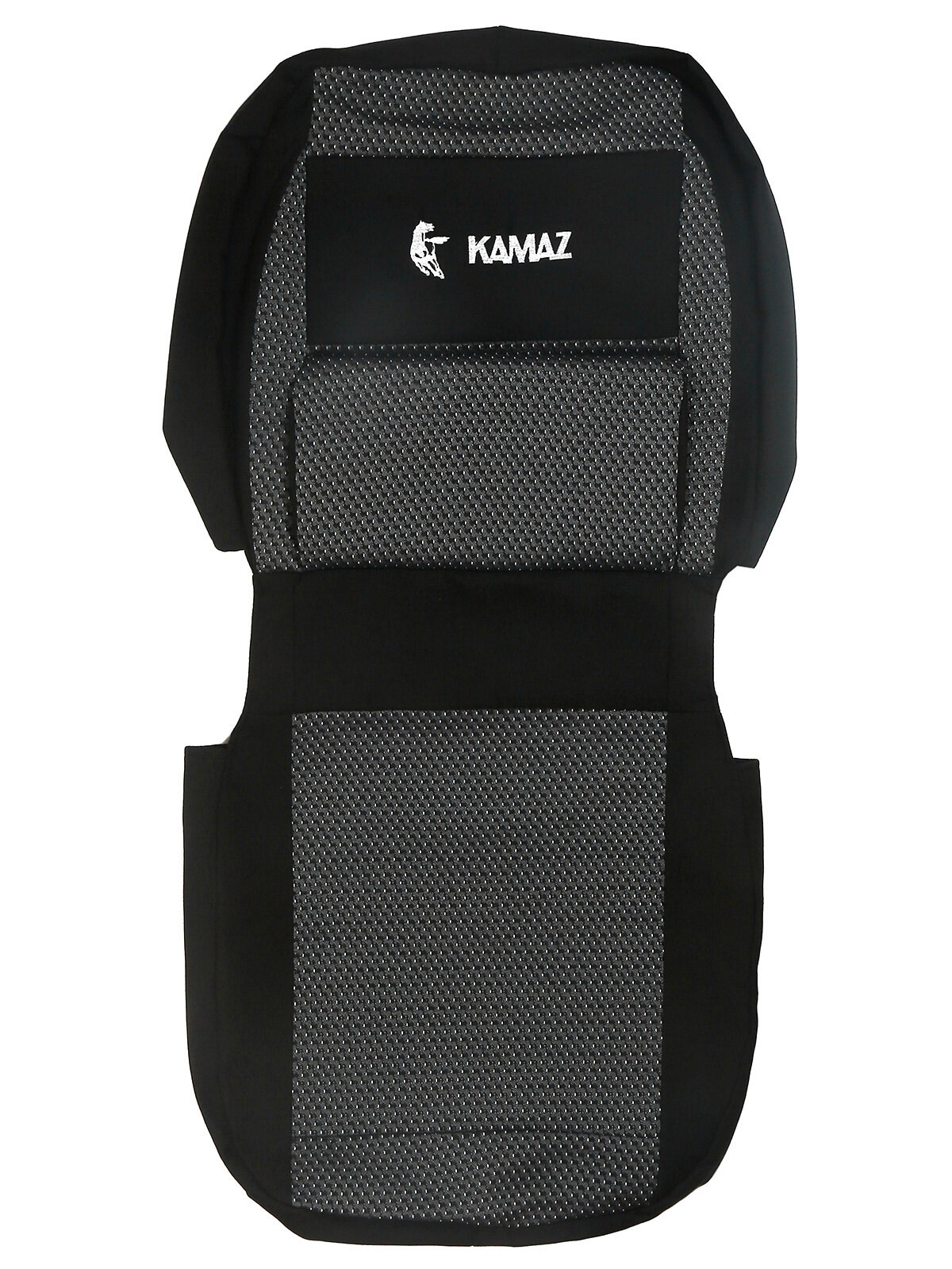 Чехлы на сиденья российских грузовиков, для КамаЗа (3 низких сиденья.). Цвет чёрный/серый/оранжевая надпись. Гобелен. Производство Россия. (7855)