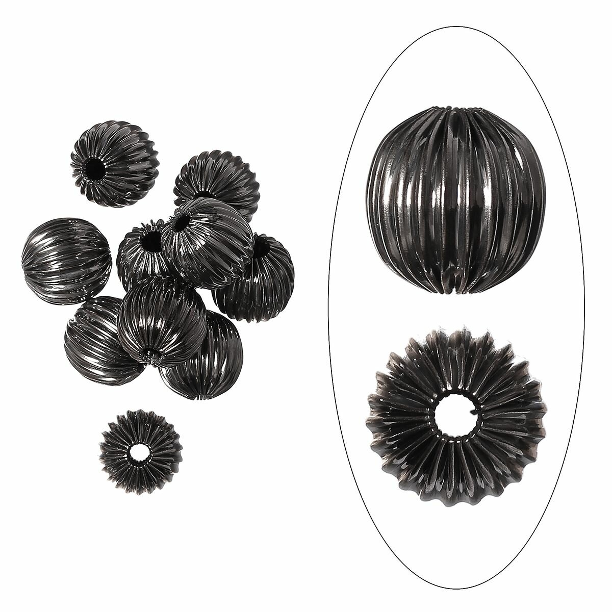 Бусина металлическая, 10мм, с бороздками, базовый материал - латунь, вороненая сталь, 10 шт.