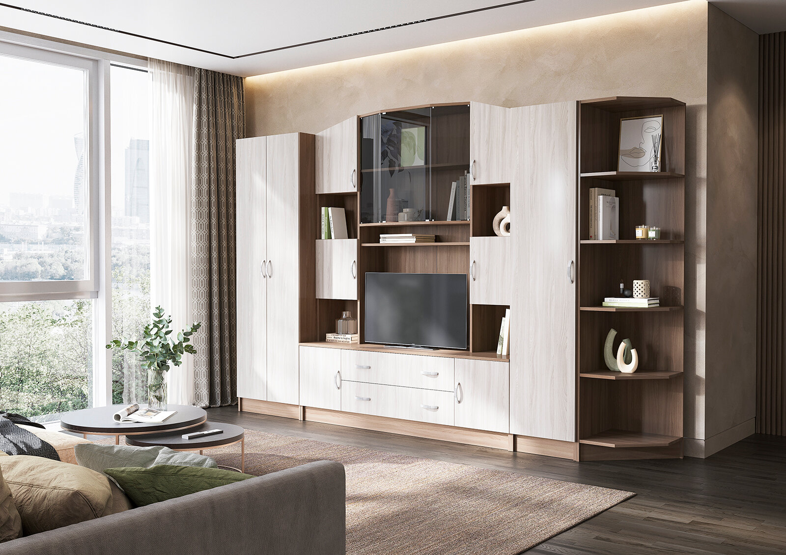 Стенка в гостиную Макарена ТВ 301 160х200,4х44 см, цвет шимо темный/шимо светлый