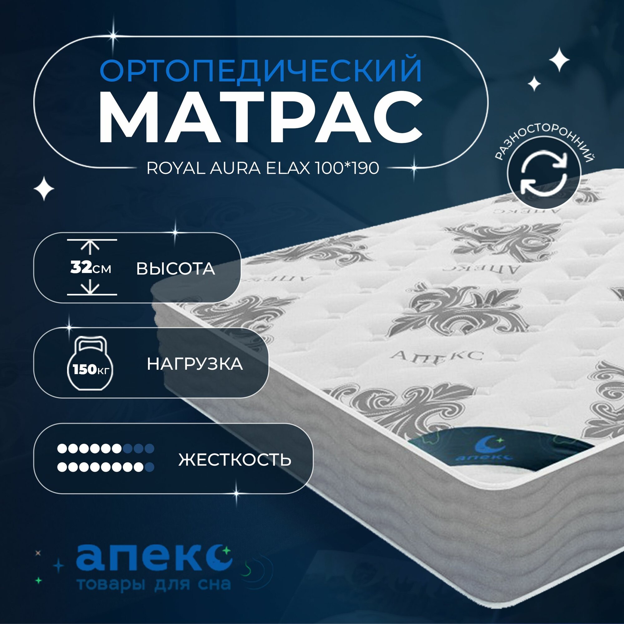 Матрас 100*190 апекс Royal Aura Elax White Night, Беспружинный, высокоэластичная пена Elax, Инновационный материал на основе полимерной матрицы