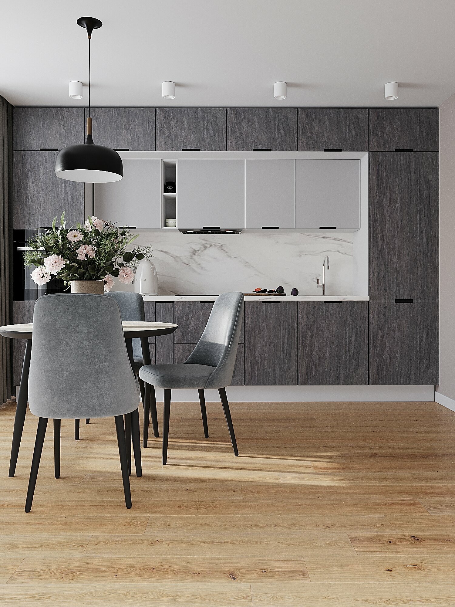 Кухонный гарнитур прямой Фаворит (антресоль) МДФ 3,6 м, Серый матовый/Белый матовый