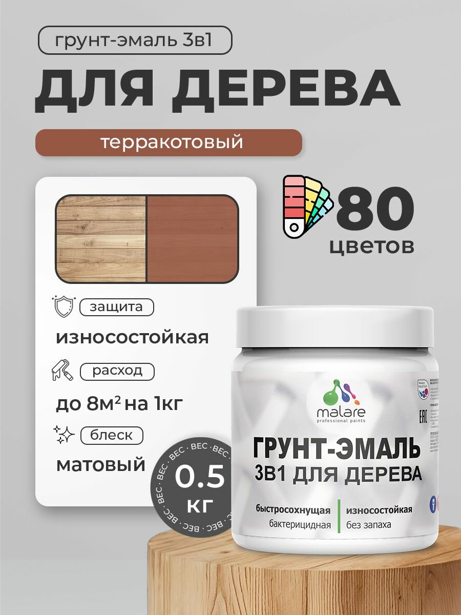 Акриловая Грунт-Эмаль 3 в 1 Malare для деревянных поверхностей/ краска по дереву с антисептическим эффектом/ быстросохнущая моющаяся без запаха матовая, терракотовый, 0.5 кг