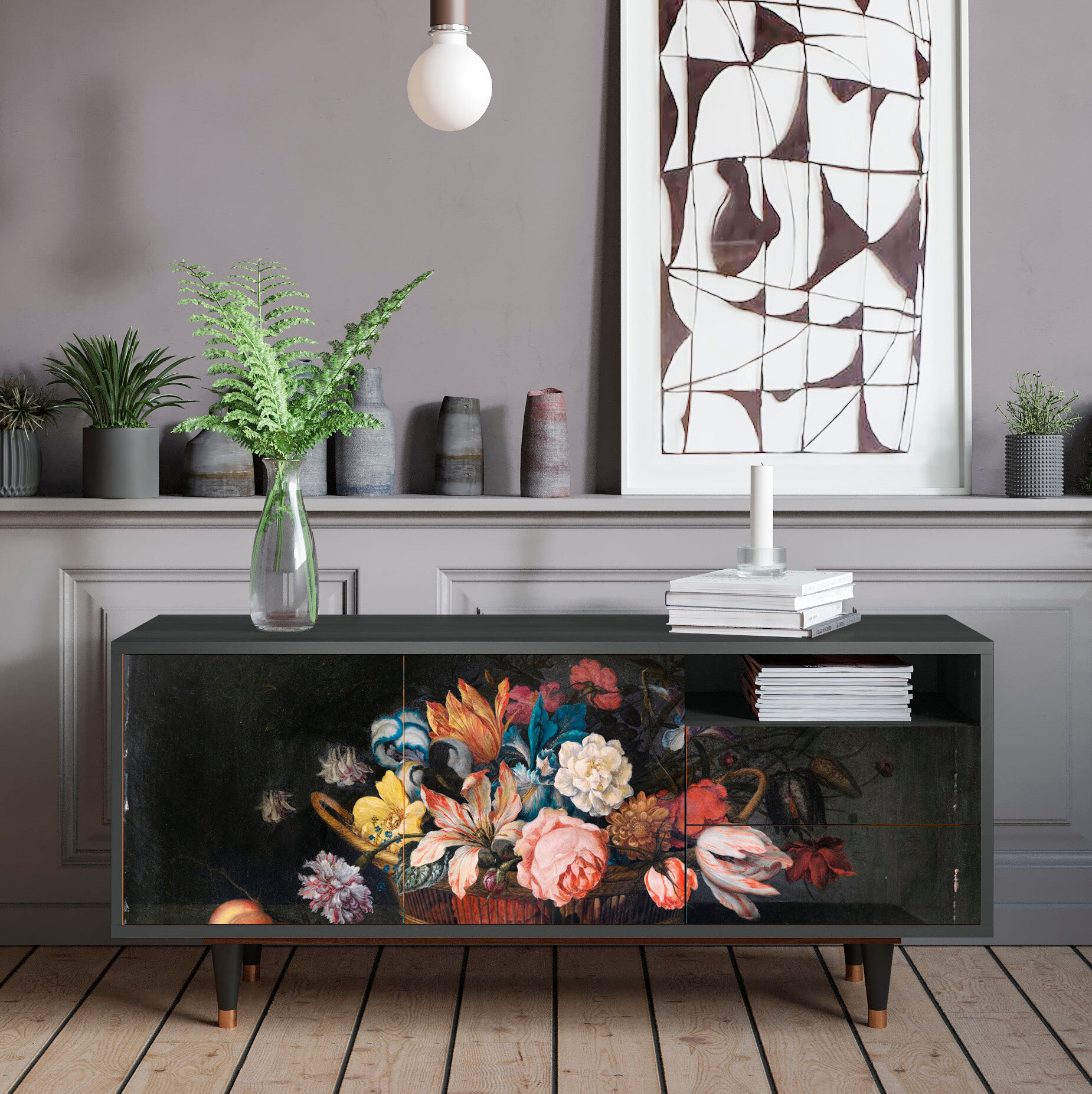 ТВ-Тумба - STORYZ - T7 Still Life with Flowers and Shells by Balthasar van der Ast , Размер - 125 x 56 x 41 см, Цвет корпуса - , Антрацит