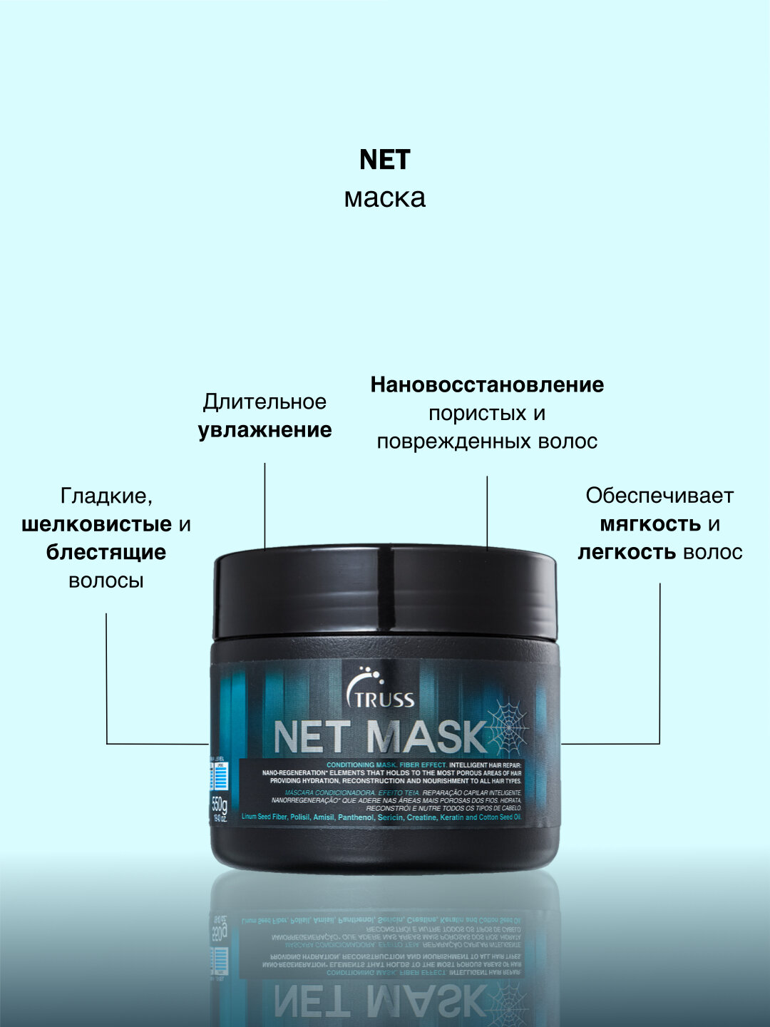 Маска для волос TRUSS Professional Net Mask 550g, эффективное восстановление, объем, более гладкие и шелковистые волосы.