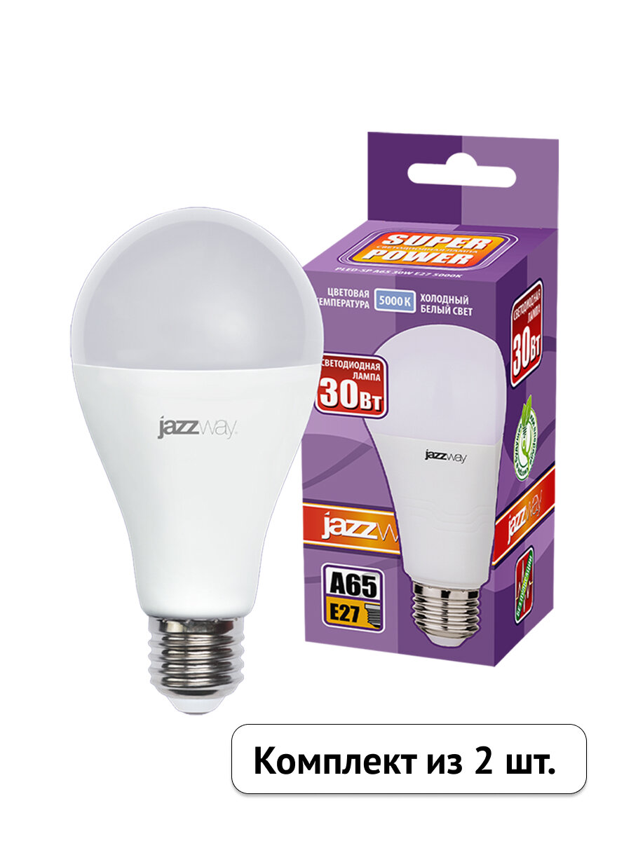 Лампочка светодиодная Jazzway PLED Super Power 30Вт, 5000K, 2600Лм, E27 , холодный белый свет, груша (комплект из 2 шт.)