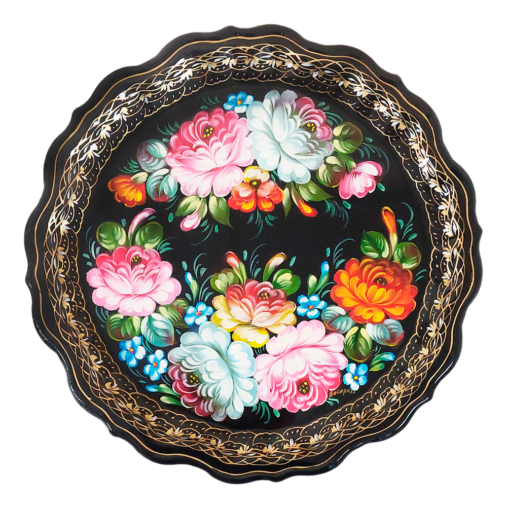 Поднос металлический, круглый "Отражение красоты", жостово 37см.