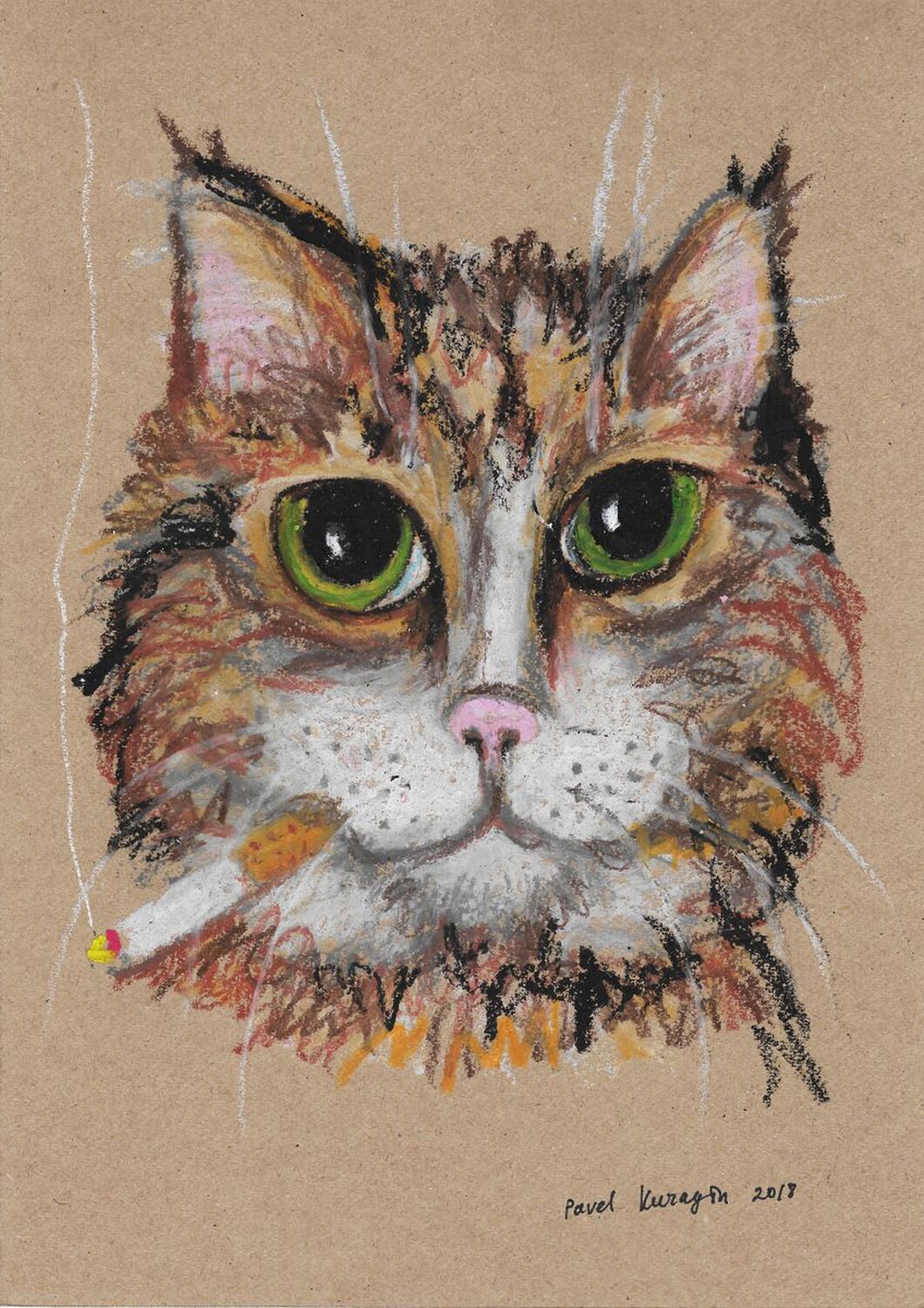 Рисунок масляной пастелью на бумаге Smoking cat #4 (2018) / Курящий кот 4. Единственный экземпляр. Художник Курагин Павел. 21х29,7 см