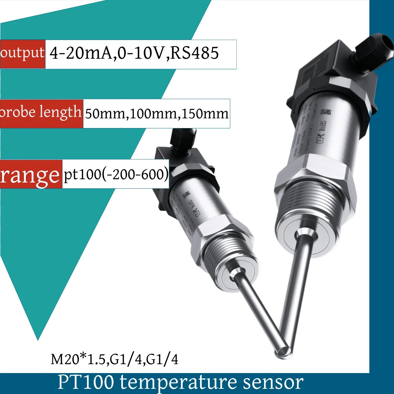 Датчик температуры PT100 QDL80A-M1 4-20 мА Hirschmann 50 мм, 0-150C 4-20mA