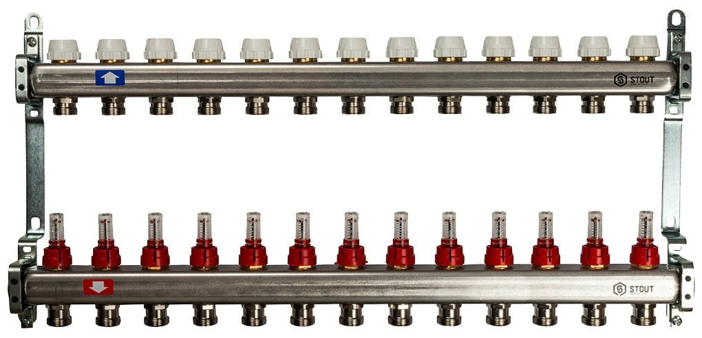 Коллекторная группа Stout (SMS 0917 000013) 1 ВР(г) х 13 выходов 3/4 НР(ш) ЕК х 1 ВР(г) с расходомерами нержавеющая сталь
