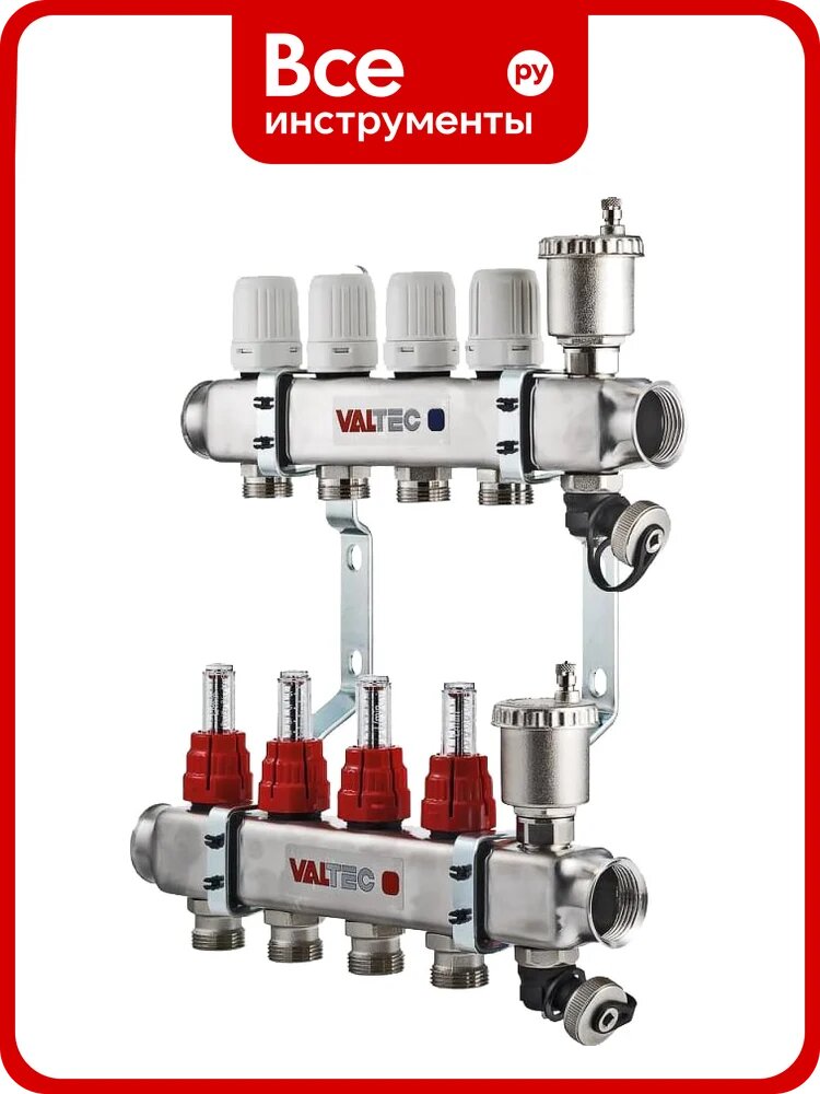 Коллекторная группа Valtec 1x11 выходов евроконус 3/4" нержавеющая сталь со встроенными расходомерами в сборе VTc.586. EMNX.0611