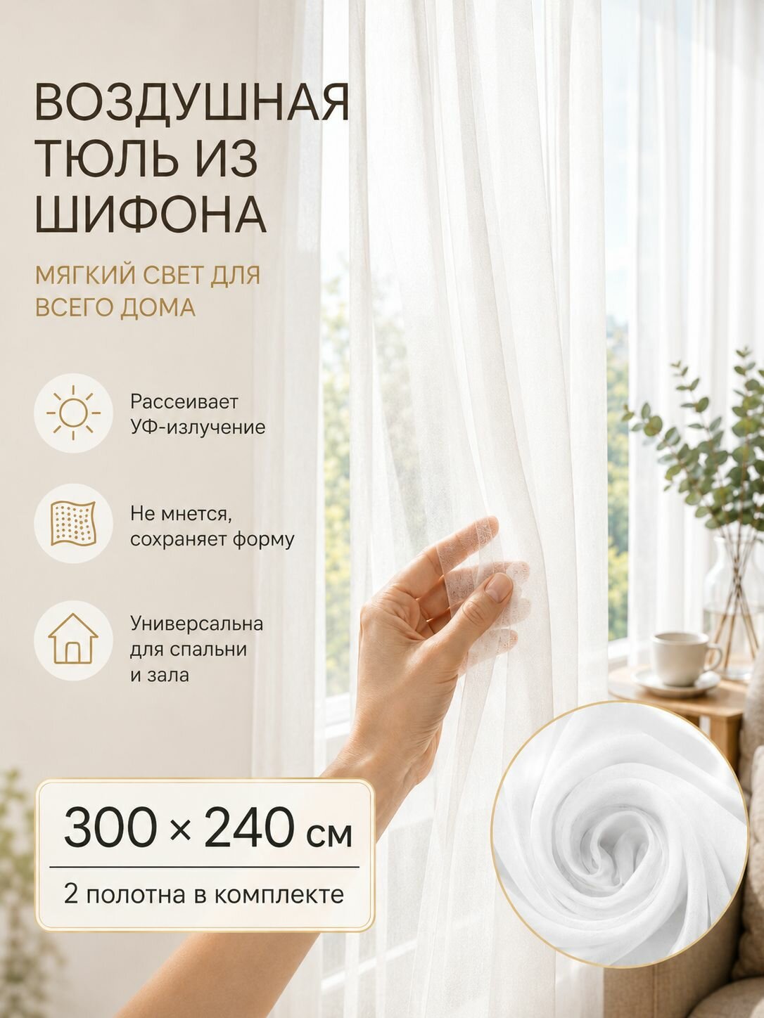 Шифоновая тюль белая 300х240 см, лёгкая занавеска для гостиной и спальни, полупрозрачная штора вуаль