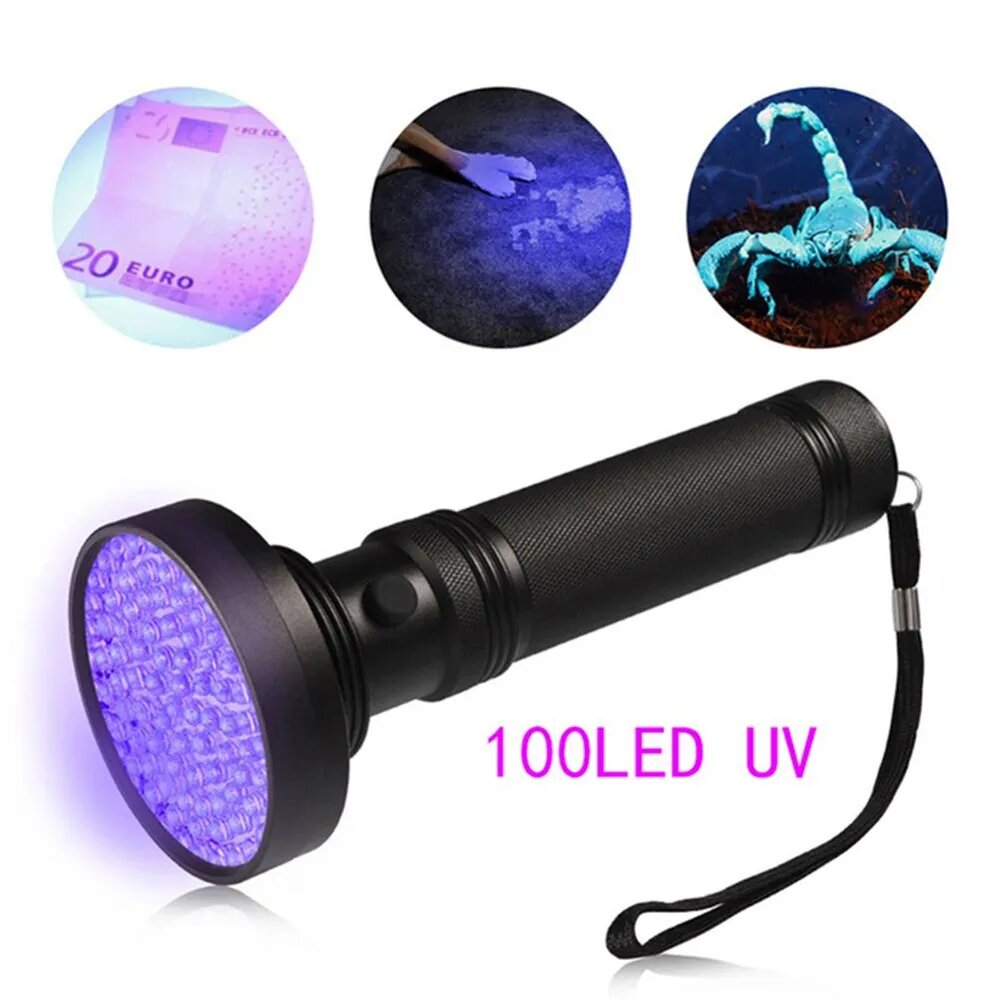 Кемпинговый фонарь 100 LED UV, черный, с браслетом, от батареек, алюминиевый корпус, влагозащита