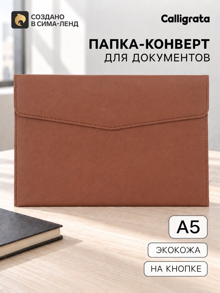 Папка-конверт на кнопке, формат А5, кожзам, коричневая