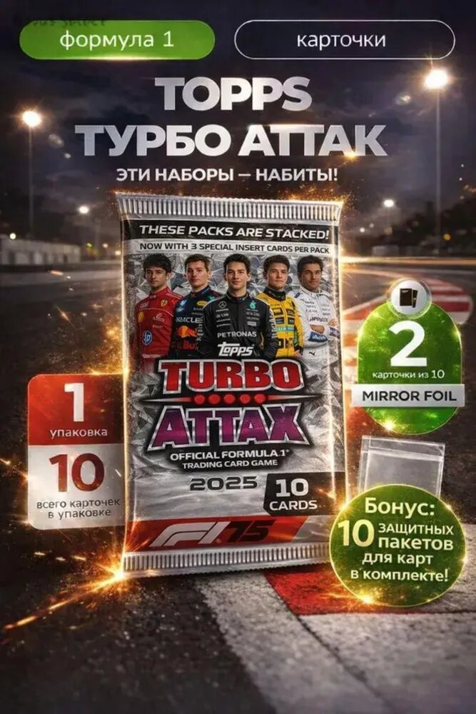 Коллекционные карточки Topps Turbo Attax 2025 Formula 1 (F1) Бустер (10 карт)