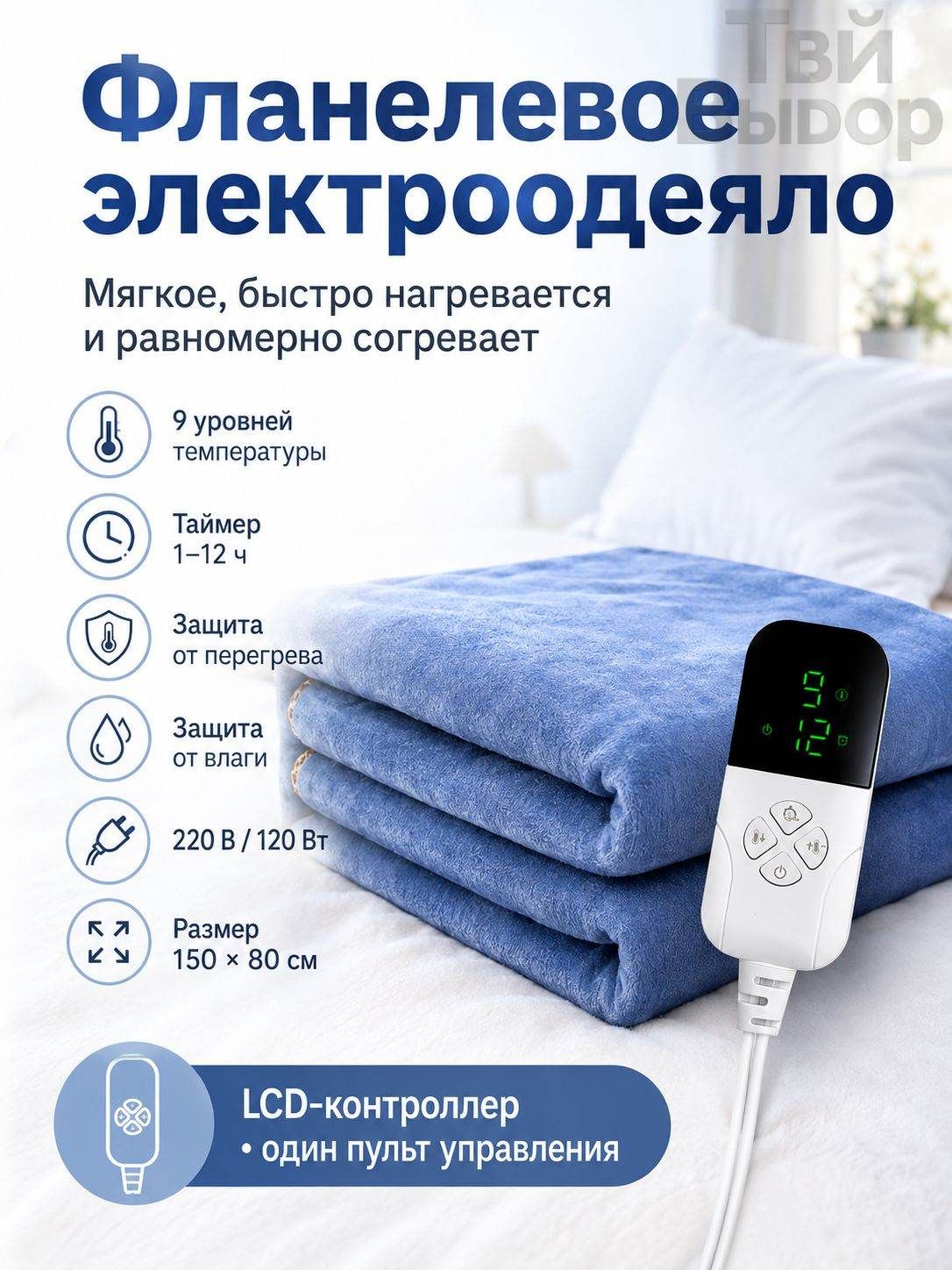 Электропростыня 80x150 см, 120 Втудобный и безопасный способ добавить тепла в любой жилой или офисный интерьер.