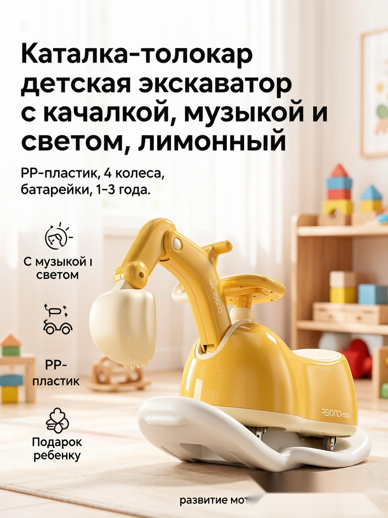 Каталка-толокар детская экскаватор с качалкой, музыкой и светом, лимонный, 47×27×30 см