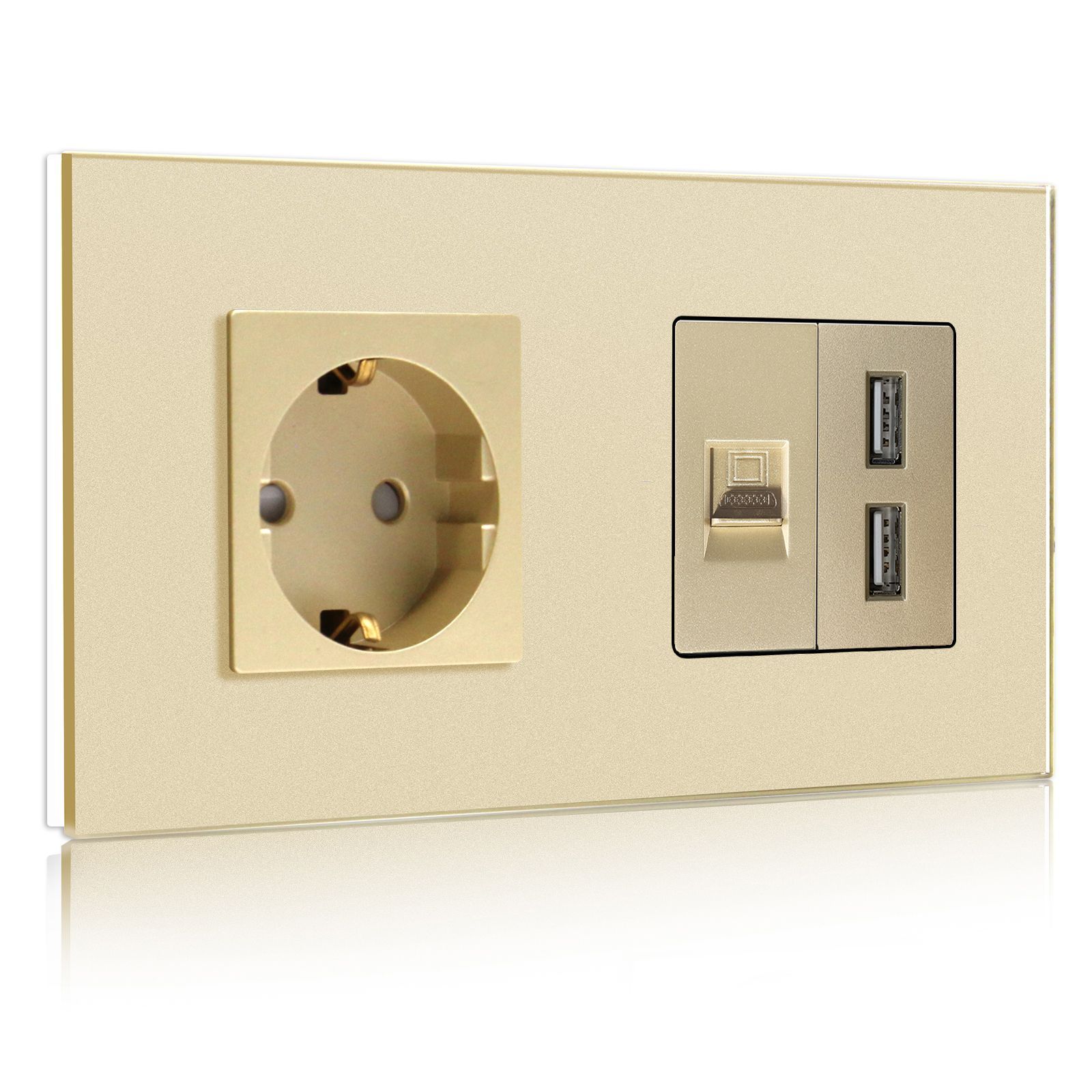 Розетка с комп RJ-45 /2USB, интернет розетка CAT5+USB, рамка стекло Золотой