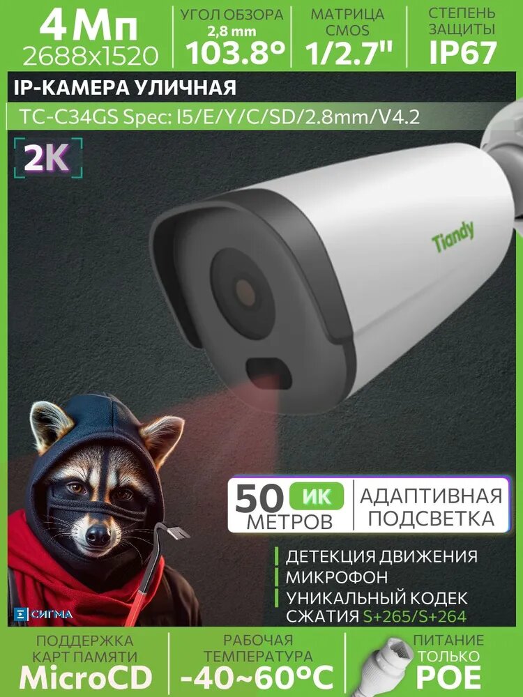 IP-камера видеонаблюдения Tiandy TC-C34GS I5/E/Y/C/SD/2.8mm/V4.2 4Мп 2.8мм ИК CMOS PoE уличная цилиндрическая микрофон