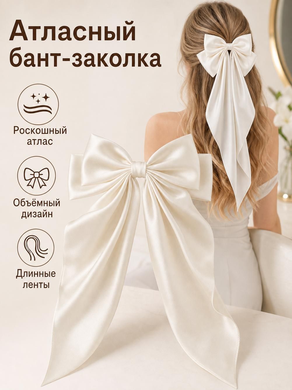 Бант для волос атласный , большой, заколка-автомат, длинные ленты