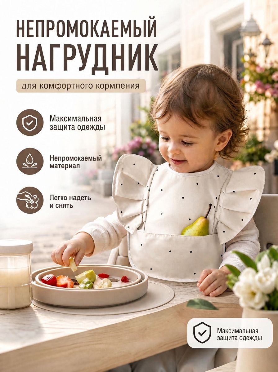Детский слюнявчик-нагрудник широкий крой непромокаемый, принт черные точки, защищает одежду малыша, кремовый