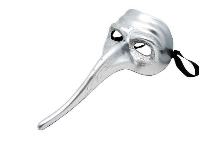 Маска Венецианская серебряная с длинным носом и узором, без размера