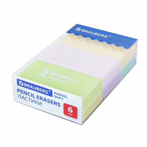Ластики BRAUBERG PASTEL SOFT набор 6 шт, размер ластика 45*25*10мм, экологичный ПВХ, 271340