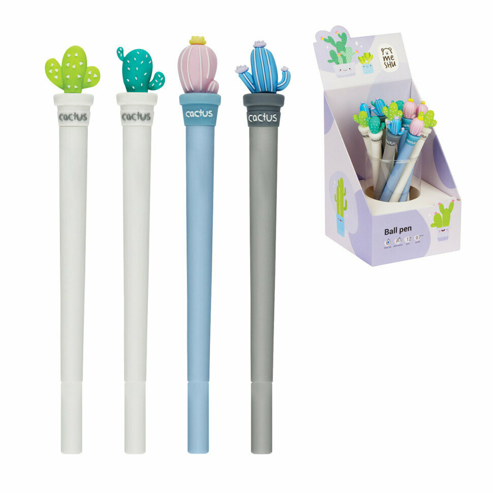 Ручка шариковая MESHU "Cute Cactus", синяя, 0,7мм, корпус ассорти, с топпером, 12 штук, 340174